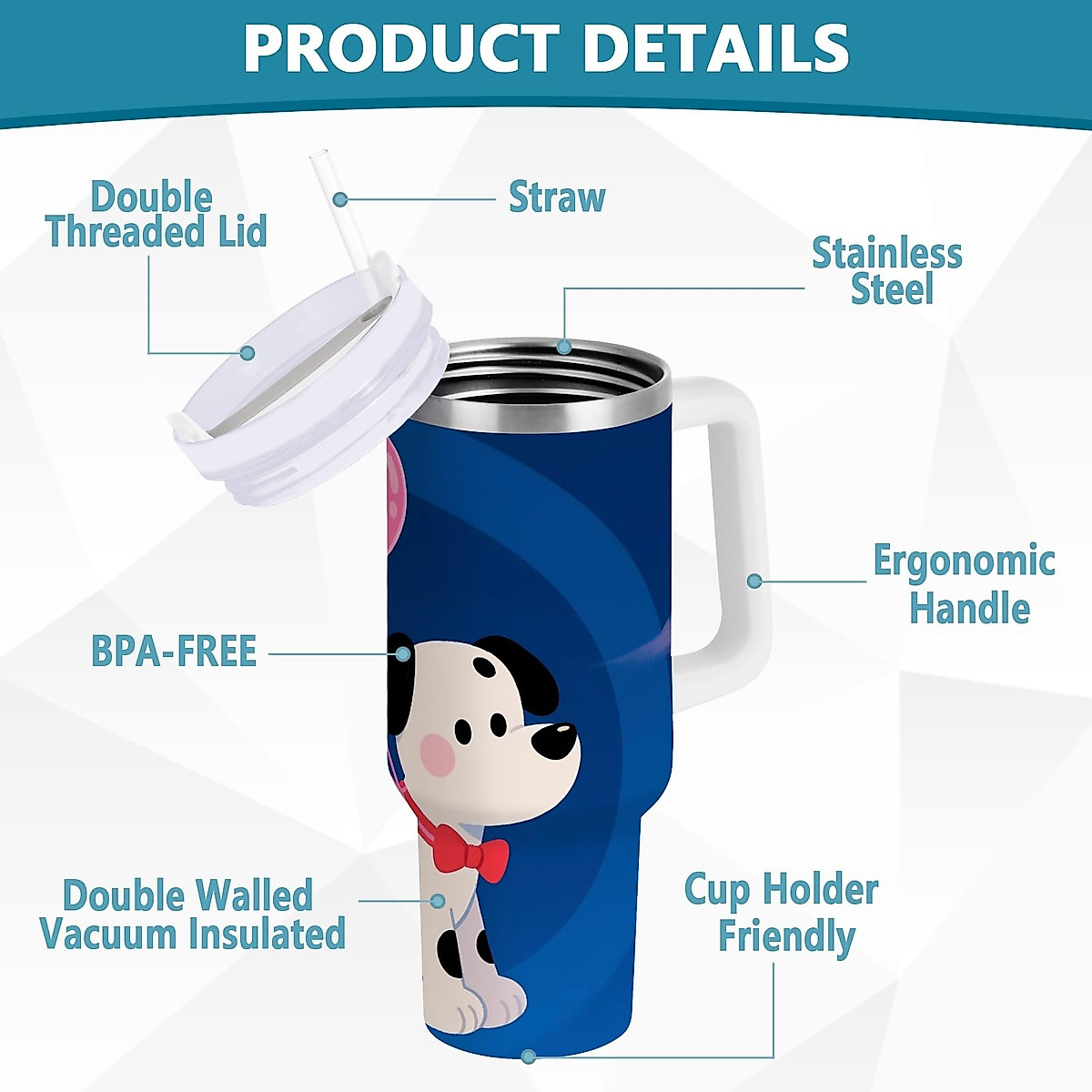 Nexawaveo Stainless Steel Tumbler with Handle and Straw Charming Puppy Bluesky Fits in Standard Cup Holder Iced Coffee Cups for Smoothie Cocktail Beer Soda Fruit Juice