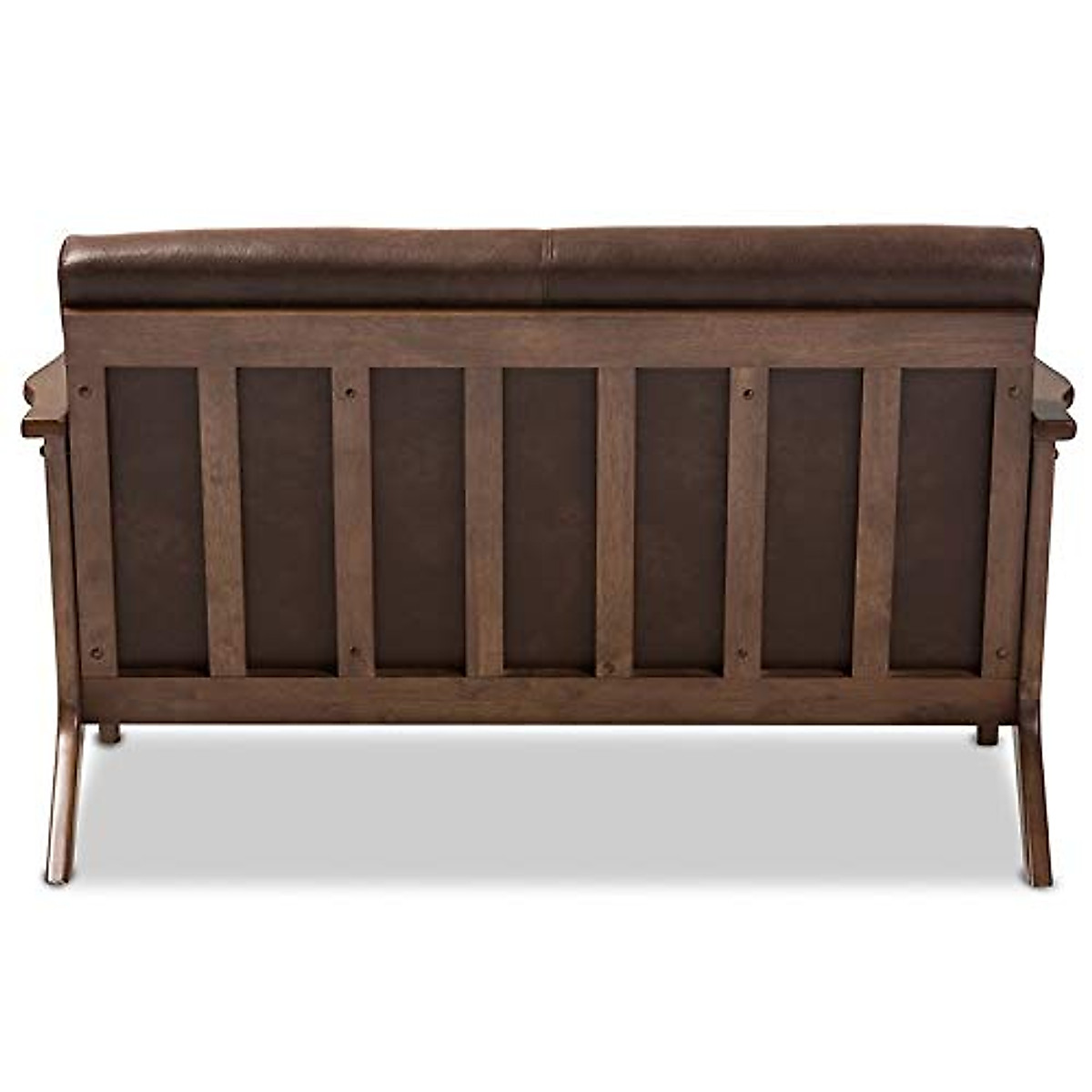 Baxton Studio Bianca Mid-Century Modern Walnut Wood Dark Brown Distressed Faux Leather 2-Seater Loveseat