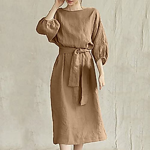 Loose Midi Belted Dress for Women Puff Half Sleeve Casual Dresses, Womens Solid Crewneck Summer Dress Cotton Linen Dress Khaki