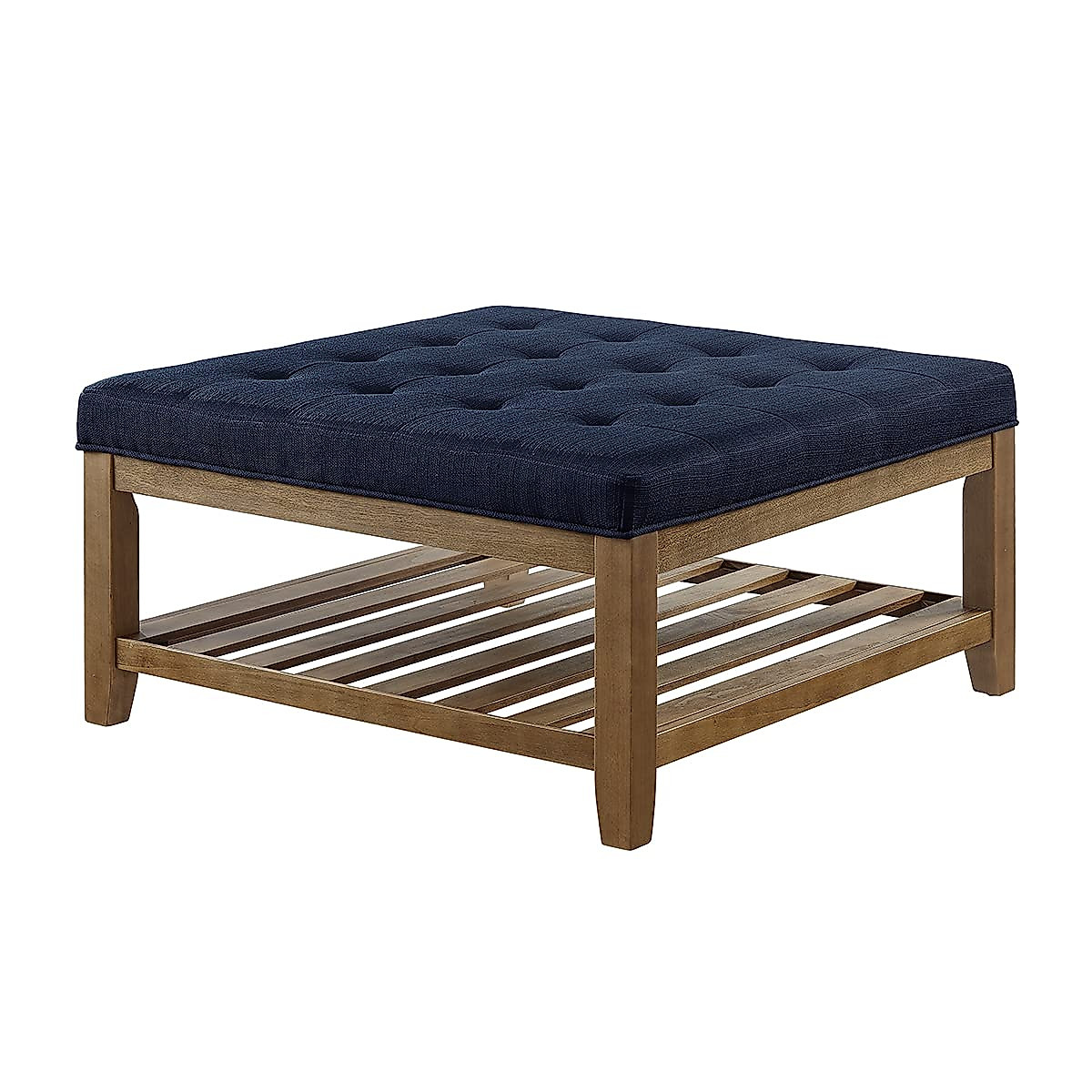 24KF Large Square Upholstered Tufted Linen Ottoman, Large Footrest Ottoman with Solid Wood Shelf- Navy Blue