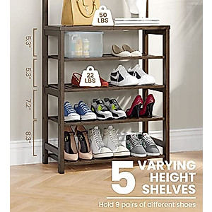 SEIRIONE 5-Tier Coat and Shoe Rack for Entryway Organizer, Freestanding Hall Tree, Mudroom Storage Organization Furniture, 5 Hanger Hooks, Upper Shelf, Solid Bamboo, Stylish Appearance