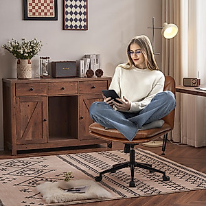 Polarisys Criss Cross Office Chair Armless Desk Chair with Wheels Pu Leather Cross Legged Office Chair, Wide Brown Desk Chairs Cross Legged Meditation Chair with Lumbar Cushion for Home & Office