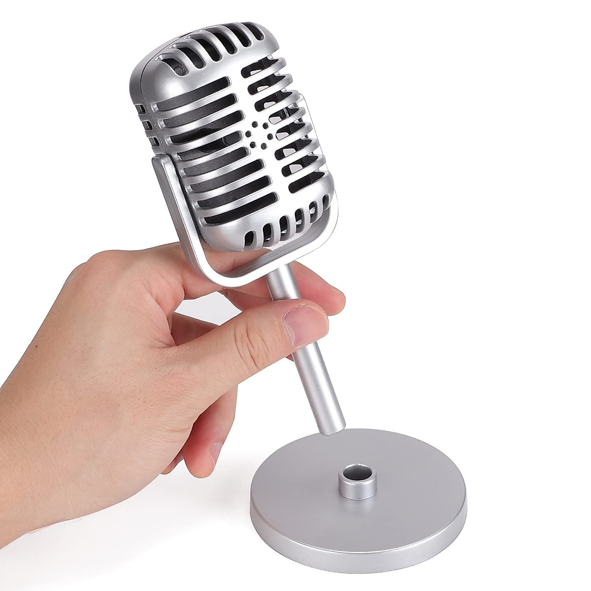 Facmogu Classic Retro Style Microphone Prop, Fake Vintage Microphone Prop Model with Stand, Silver Antique Microphone Decor Microphone Costume Prop for Party Decorations - Silver