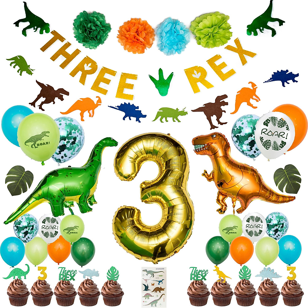 Three Rex Birthday Party Decorations - 3 rex birthday decorations boys w/ 2 dinosaur birthday banner - three rex balloons - 3rd birthday decorations for boys - three rex birthday party decorations boy