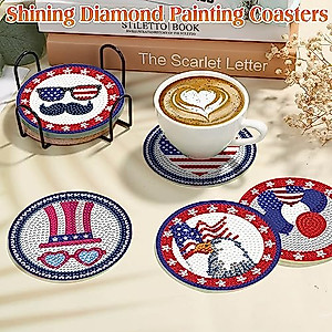 Billbotk 10 Pieces Independence Day Diamond Painting Coasters, Diamond Art Coasters with Holder, DIY Diamond Art Crafts Projects, Diamond Dots Kits for Adults and Beginners