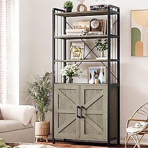 Vabches Modern Industrial Bookshelves and Bookcases with Doors Floor Standing 6 Shelf Display Storage Shelves Wood and Metal Tall Bookcase for Home Office, Living Room, Grey