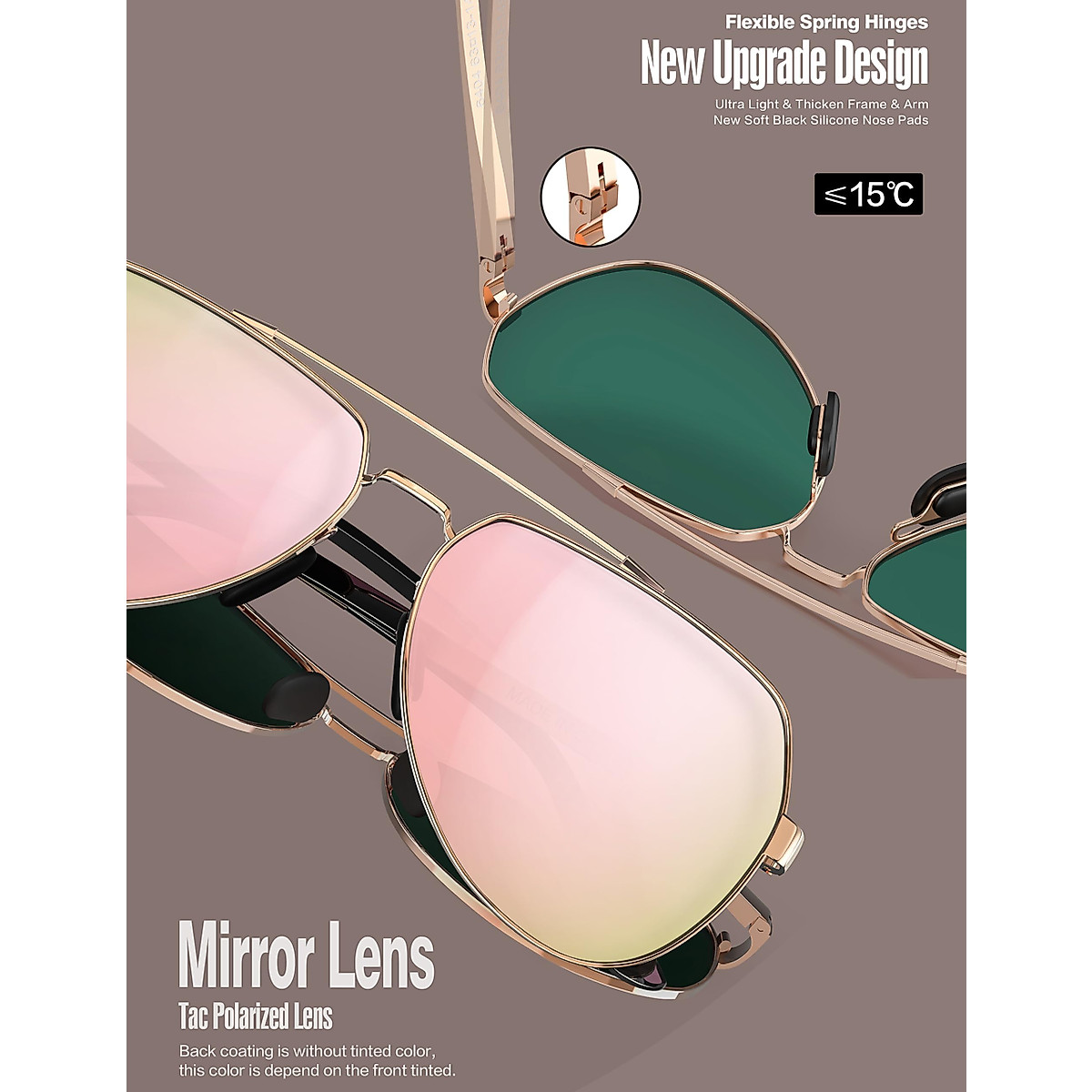 LUENX Women Aviator Sunglasses Polarized Shades Flexible Spring Hinge - Pink Mirror Lens Rose Gold Metal Frame 60mm