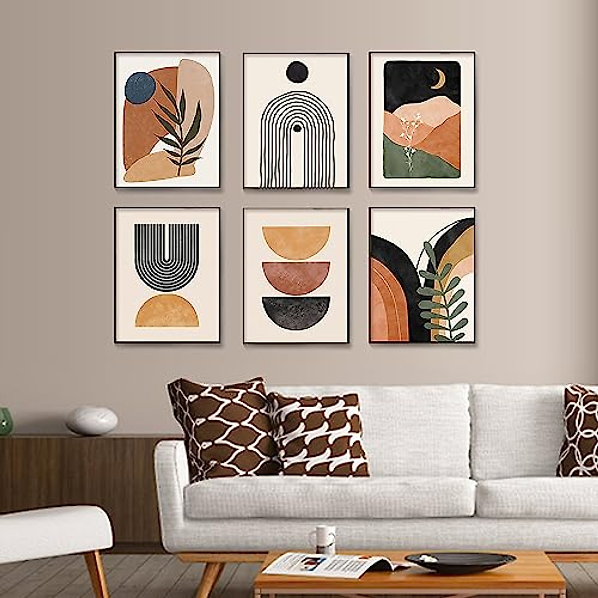 6pcs Frameless Abstract Geometric Canvas Painting Boho Mid-Century Modern Wall Art Minimalist Wall Art Black Beige Neutral Abstract Geometric Print Room Poster Suitable For Living Room Bathroom
