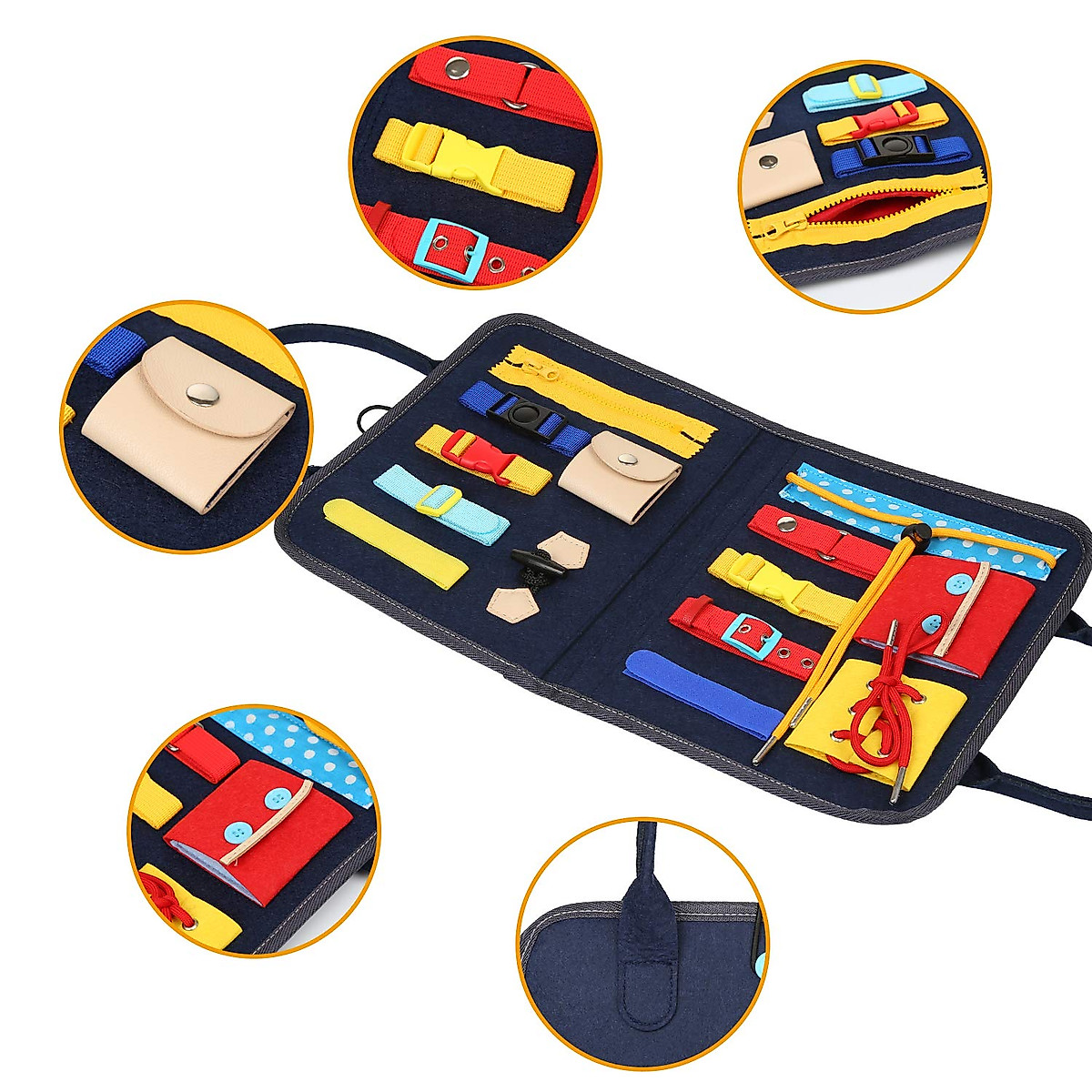 FBve Toddler Busy Board, Montessori Basic Skills Activity Board for Fine Motor Skills & Learn to Dress - Educational Learning Toys for Toddlers - Sensory Toy for Airplane or Car Travel