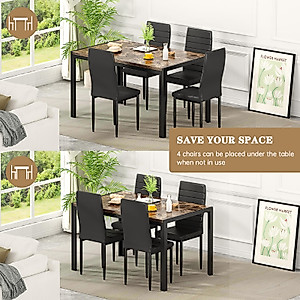 Recaceik Dining Table Set for 4, Kitchen Table and Chairs for 4, Faux Marble Kitchen Table Set with 4 Upholstered PU Leather Chairs, Dining Room Table Set for Kitchen Dining Room