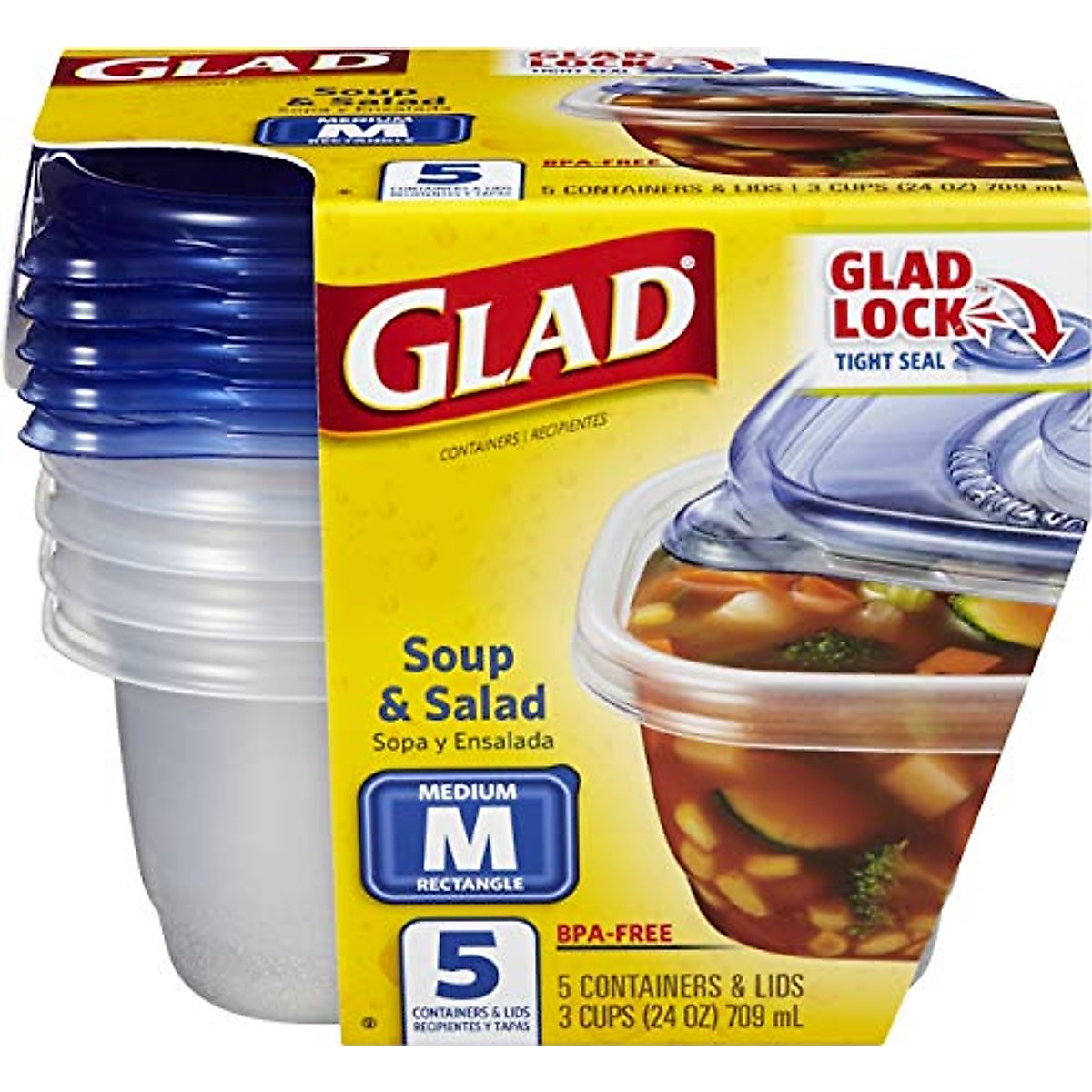 GladWare Soup & Salad Food Storage Containers for Everyday Use | Medium Rectangle Containers for Food Storage | Containers Hold up to 24 Oz(Pack of 5)