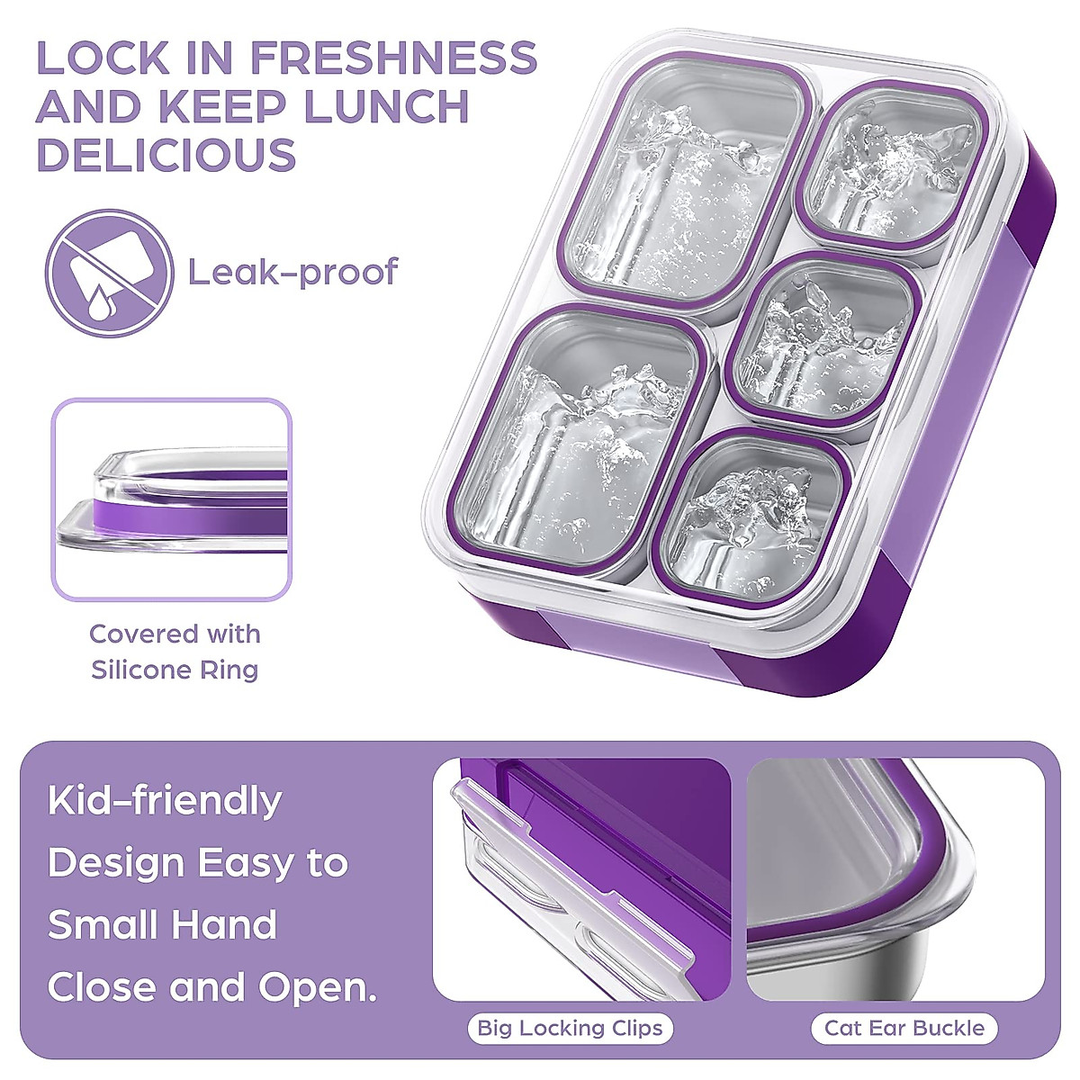 Lunch Box Stainless Steel Bento Box with Lunch Bag & Fork, Leakproof Bento Lunch Box for Adults Kids Bento-Style School Lunch Box 5 Compartments Lunch Containers, BPA-Free, Dishwasher Safe (Purple)