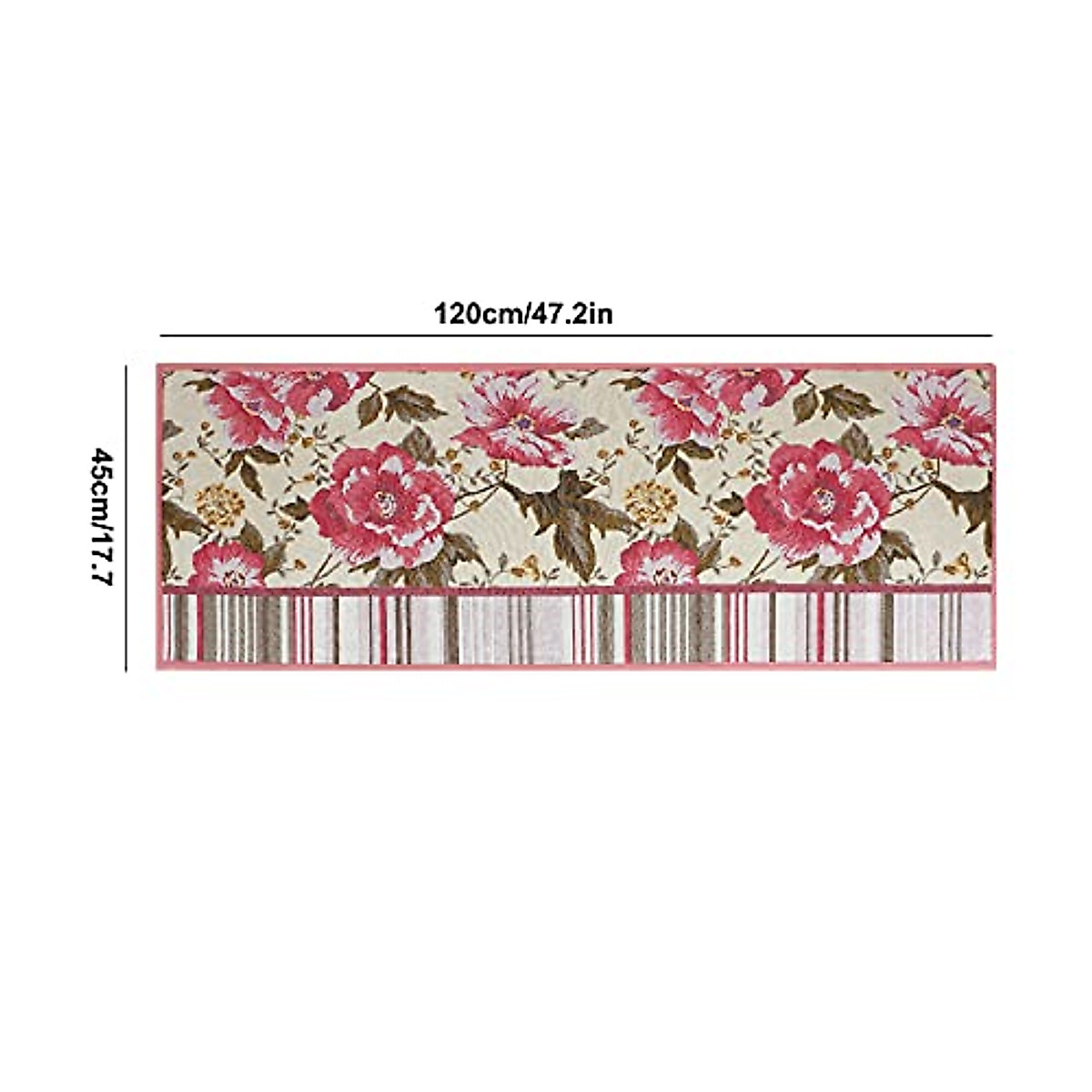 yazi Fabric Kitchen Mat Area Rug Red Striped Flower Non-Slip Rubber Backing Floomat,47x18 Inches