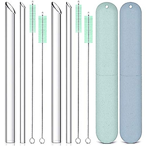 Reusable Glass Straws: 2 Regular Straws + 2 Boba Straws + 2 Wheat Cases + 4 Cleaning Brushes + Pouch, for Hot and Cold Drinks, Portable for Personal Use, Smoothie Bubble Tea, 9 inches (Blue&Green)