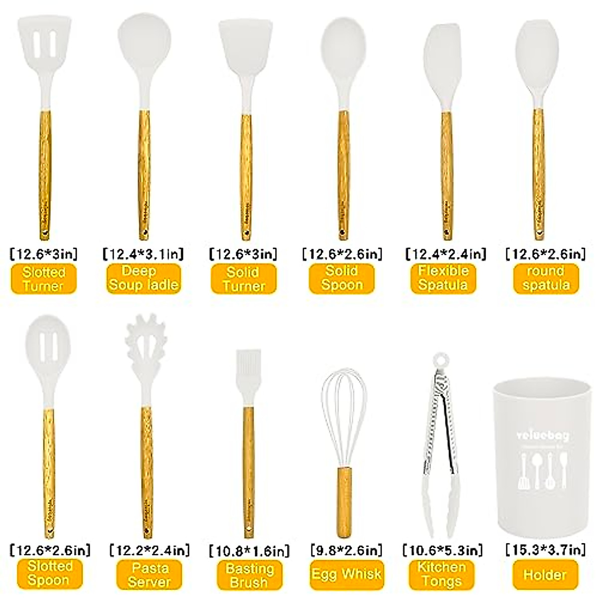 Veluebay Cooking Utensils Set, 12 Pcs Kitchen Utensils Set Silicone, Silicone Spatula For Cooking, Wooden Cooking Utensils, Silicone Utensils For Cooking, Kitchen Cooking Utensils Set (white)