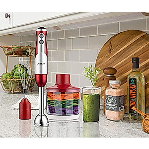 JiaChi 800W Variable Speed Immersion Hand Blender Set Includes BPA-Free Food Chopper/Egg Beater/Beaker, Titanium Coating Blade, Ergonomic Grip Detachable, Comfortable Silicone Button, Red