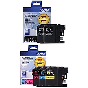 Brother LC1032PKS Printer High Yield Cartridge Ink Black (2-Pack) and Brother Printer LC1033PKS Ink, 3 Pack, 1 color each of Cyan, Magenta, Yellow Bundle