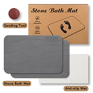 JIZEUO Stone Bath Mat, Diatomaceous Earth Shower Mat, Non-Slip Super Absorbent Quick Drying Bathroom Floor Mat，2 Pack, Grey