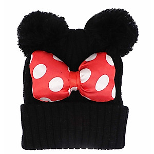 Toddler Girls Winter Beanie Hats with Pom Poms Warm Knit Baby Cap with Cute Mouse Ears Bowknot Black