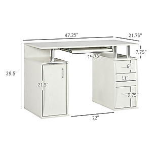 HOMCOM 47" Computer Desk with Keyboard Tray and Storage Drawers, Home Office Workstation Table with Storage Shelves, White Wood Grain