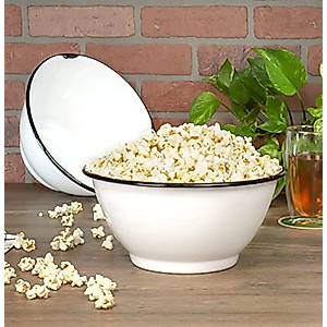 Red Co. Set of 2 Enamelware Metal Large Classic 4 quart Round Salad Serving Bowl, Distressed White/Black Rim