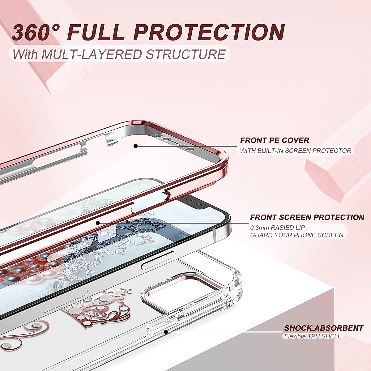 SURITCH Compatible with iPhone 12/iPhone 12 Pro Clear Case 6.1 Inch,[Built in Screen Protector] Luxury Crown Sparkle Diamond Bling Crystals Full Body Rugged Cover for Girls Women (Rose Gold)