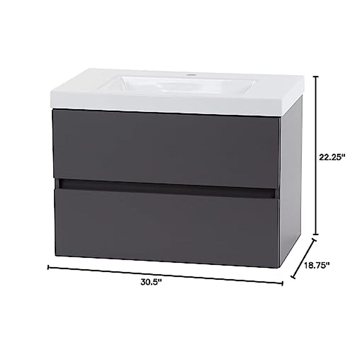 Spring Mill Cabinets Innes 30 Inch Floating Bathroom Vanity with White Single Sink Top, 2 Soft-Close Drawers, 30.5" W x 18.75" D x 22.25" H, Cement