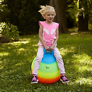 Xino Sports Hopping Ball for Kids, Bouncy Ball for Kids, Amazing Space Hopper Ball, Jumping Ball with Handle, 18 Inch Diameter, Kids Outdoor Toys (Rainbow)