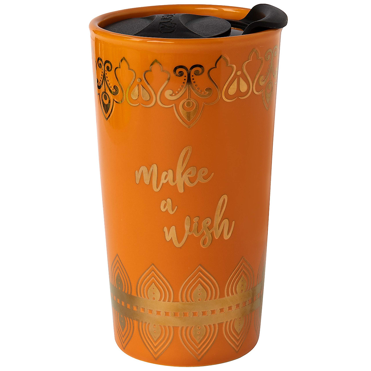 Disney Aladdin Travel Coffee Mug, 16oz - Insulated, Ceramic To-Go Cup with Lid - Gold Genie Lamp & Make A Wish Design - Gift for Teen, Adults & Mothers Day