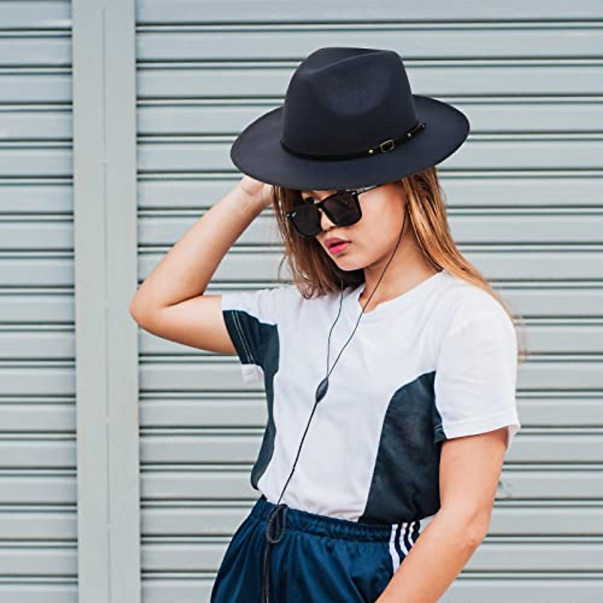 Women Classic Wide Brim Fedora Hat, 4 Pack Retro Panama Hat Wool Fedora Hat with Belt Buckle (Black+Wine Red+Navy Blue+Beige)