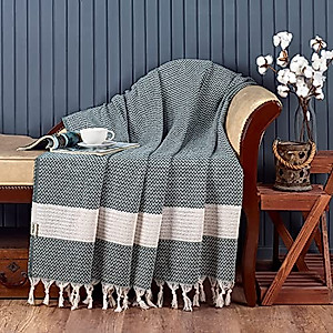 Aegean Concept Blanket, Vintage Boho Rustic 100% Cotton Super Soft 90"x102" (230 cm x 260 cm) King Size, Adult Turkish Muslin Light Bedcover Bedspread King Blankets, (Dark Green)