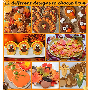 12PCS Large Fall Thanksgiving Cookie Cutter Set - Turkey,Pumpkin,Maple/Oak/Teardrop Leaf,Squirrel, Acorn,Corn,and Turkey Leg