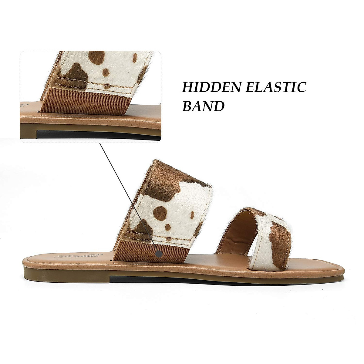 katliu Women's Flat Sandals Two Strap Slide Sandals Open Toe Cow Print Brown 8