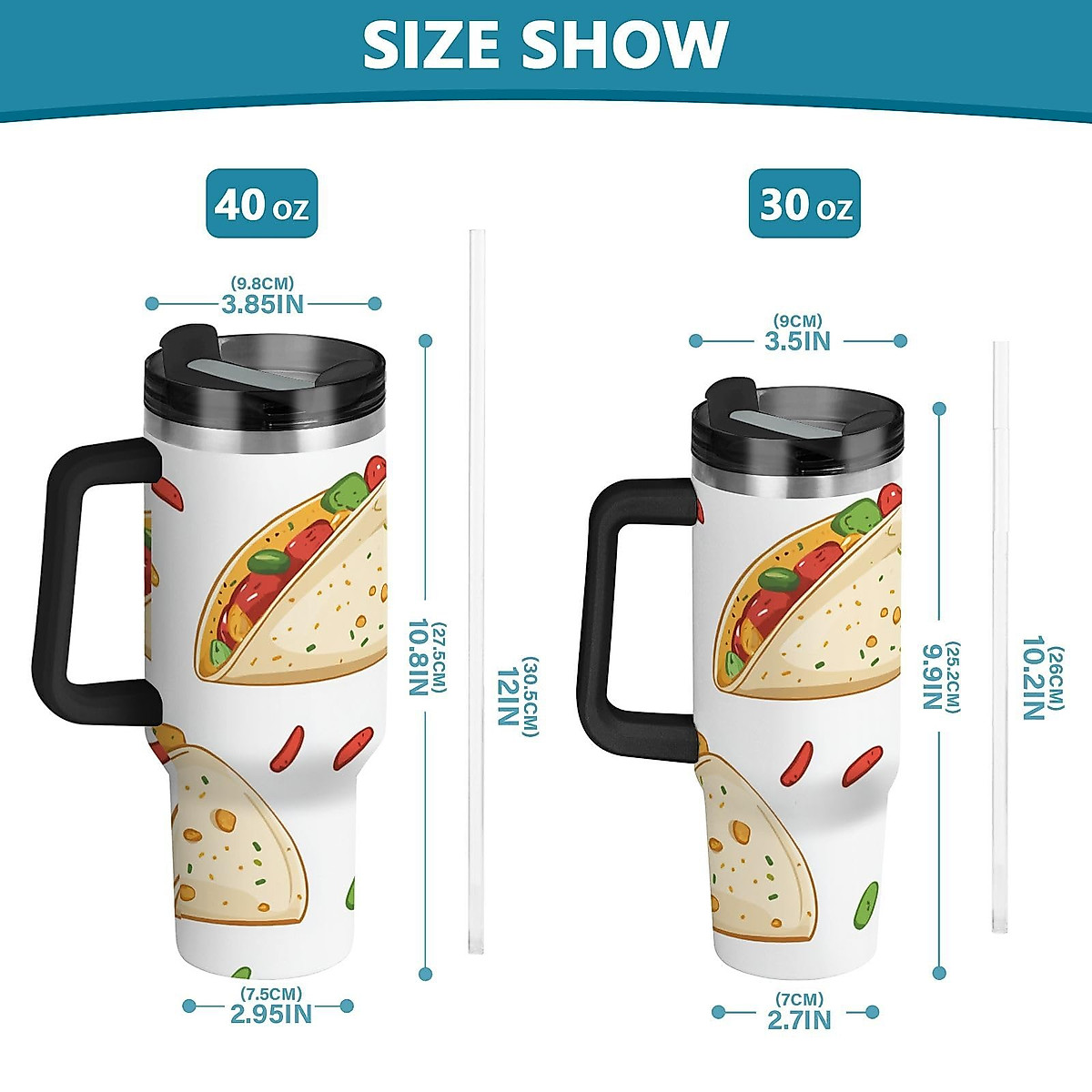 Selerdon 40 oz Tumbler Taco White with Handle and Straw Lid Vacuum Stainless Steel Insulated Water Bottle Travel Mug Car Cup Holder Friendly BPA Free for Gym Travel Office