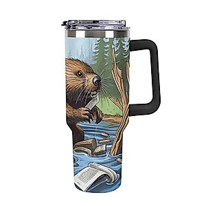 LLUTSNTH 40 Oz Vacuum Tumbler with Black Handle Leakproof Insulated Tumbler Busy Beaver Cartoon Stainless Steel Travel Mug with Lid And Straw Coffee Cup Cute Water Bottles Cup Holder Friendly