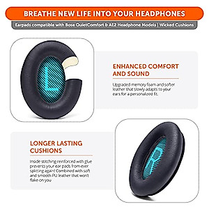 WC Wicked Cushions Premium Replacement Ear Pads for Bose Headphones - Compatible with QC15 / QC25 / QC35 & 35 ii / QC2 / AE2 / AE2i / AE2W / Soundlink - Softer Leather, Luxury Memory Foam | Black