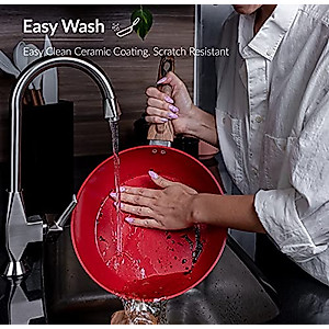 Phantom Chef 11" Deep Frypan 5 Qt Wok | Aluminum Body Non-Stick Ceramic Coating | With Soft Touch Stay Cool Handle | Dishwasher Safe | Non-Toxic PFOA & PTFE Free (Red)