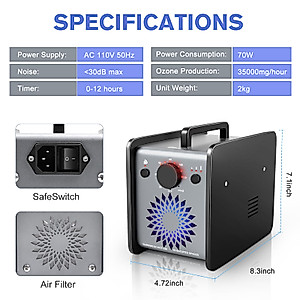 Ozone Generator 35,000mg/h, Ozone Odor Eliminator Machine for Home Car, Ultra-Powerful Ozone Generator for Comprehensive Odor Elimination Black