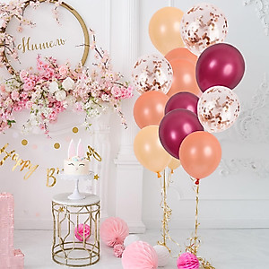 RUBFAC 65 Pcs 12 Inches Burgundy Balloons Arch Garland Kit, Champagne Gold and Burgundy Balloons, Rose Gold Confetti Balloons Confetti Balloons for Wedding Birthday Party Decorations