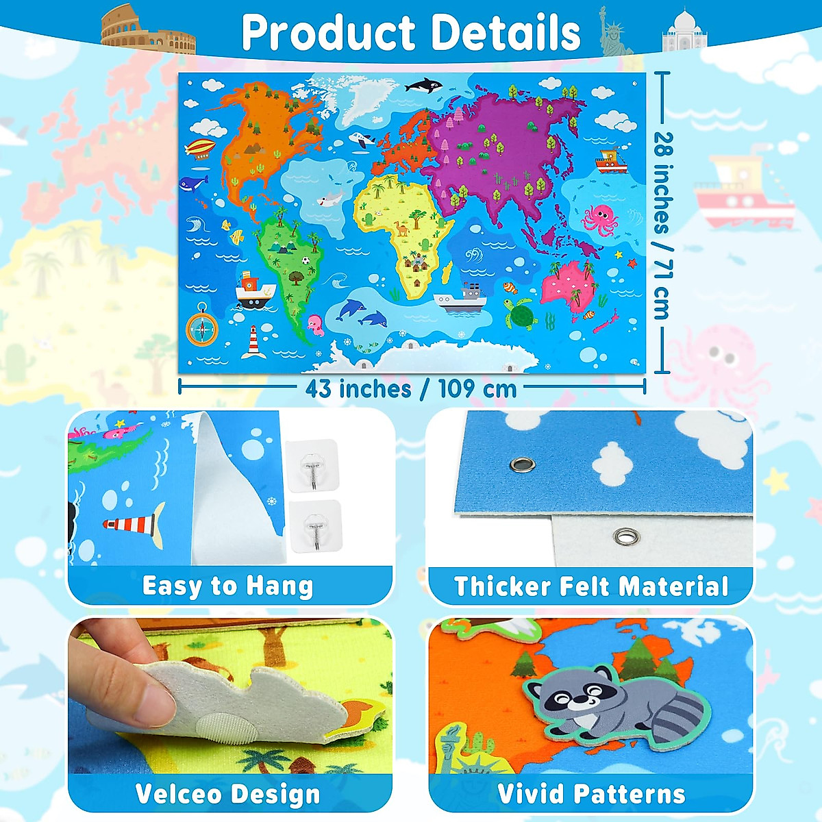 Taika World Felt Set, Felt World Map with World Famous Sights, Educational Play Mat Flannel Board Set, 43x28 inch Preschool Learning Flannel Board