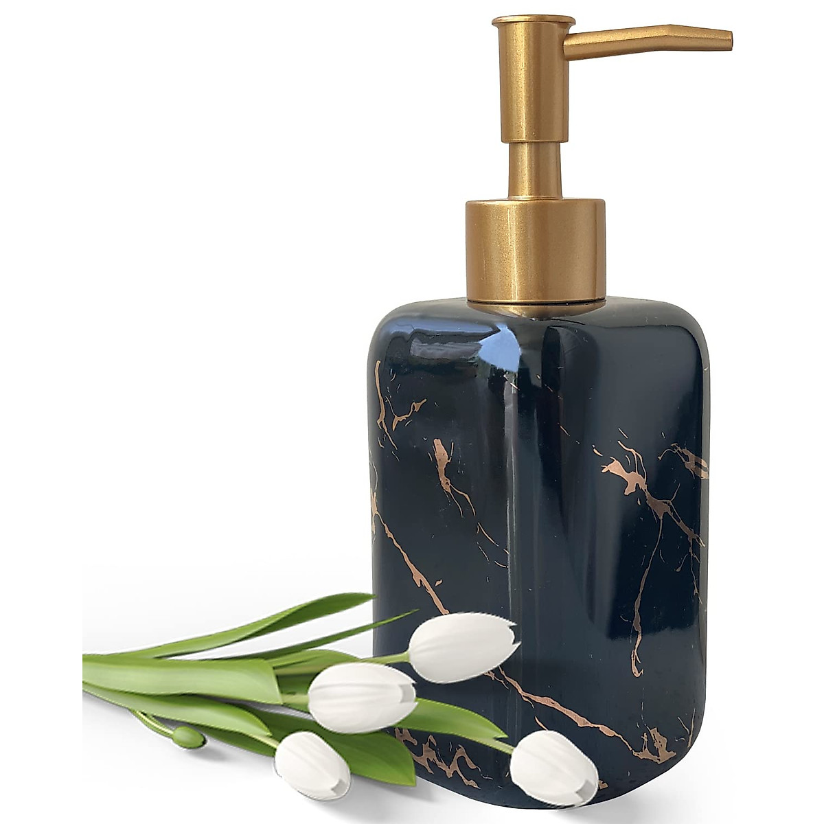 10 Oz Square Marble Soap Dispenser Black Soap Dispenser for Bathroom Ceramic Liquid Soap Dispenser with Golden Pump Premium Kitchen Soap Dispenser (Black Marble)