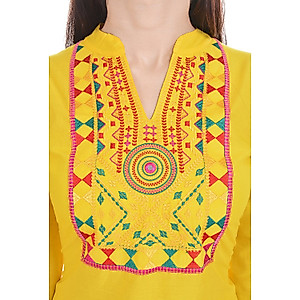 Chichi Women's Indian Plain Embroidered Neck Cotton Kurti Top, Yellow, Large