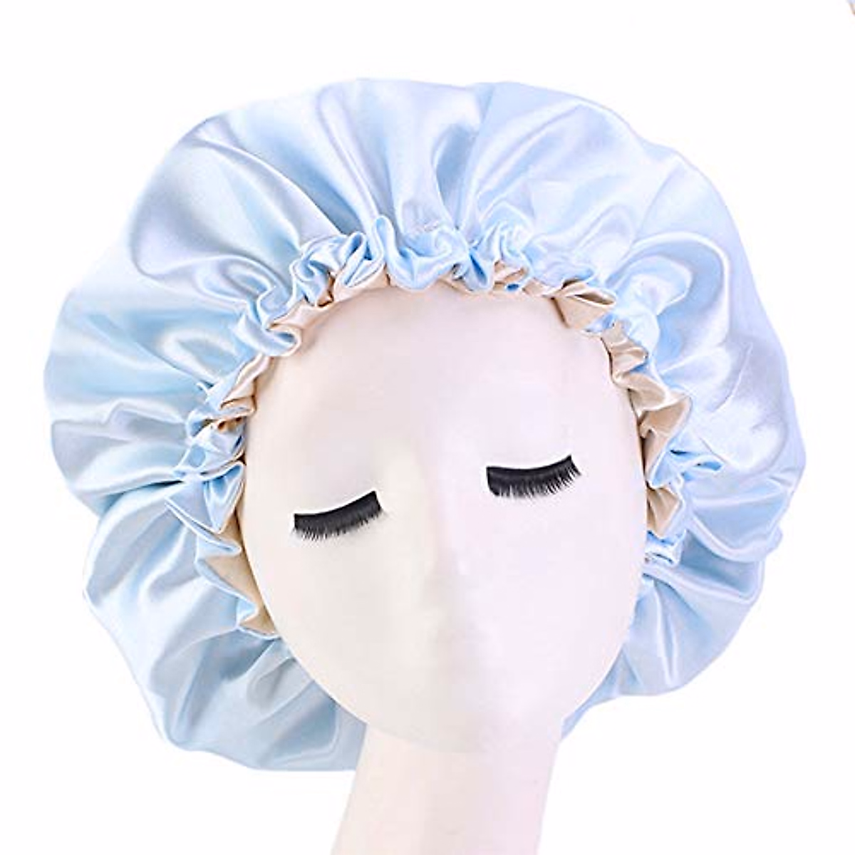 Cospack Satin Bonnet Sleep Bonnet Cap - Extra Large Double Layer Reversible Adjustable Satin Cap for Sleeping Hair Bonnet (L.blue+Beige)