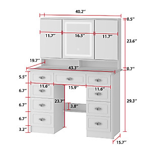 ECACAD Modern Makeup Vanity Desk with Lighted Mirror, Vanity Table Dressing Table with 9 Drawers, Hidden Shelves & Foldable Mirror, 3 Color Lighting Modes, Brightness Adjustable, White