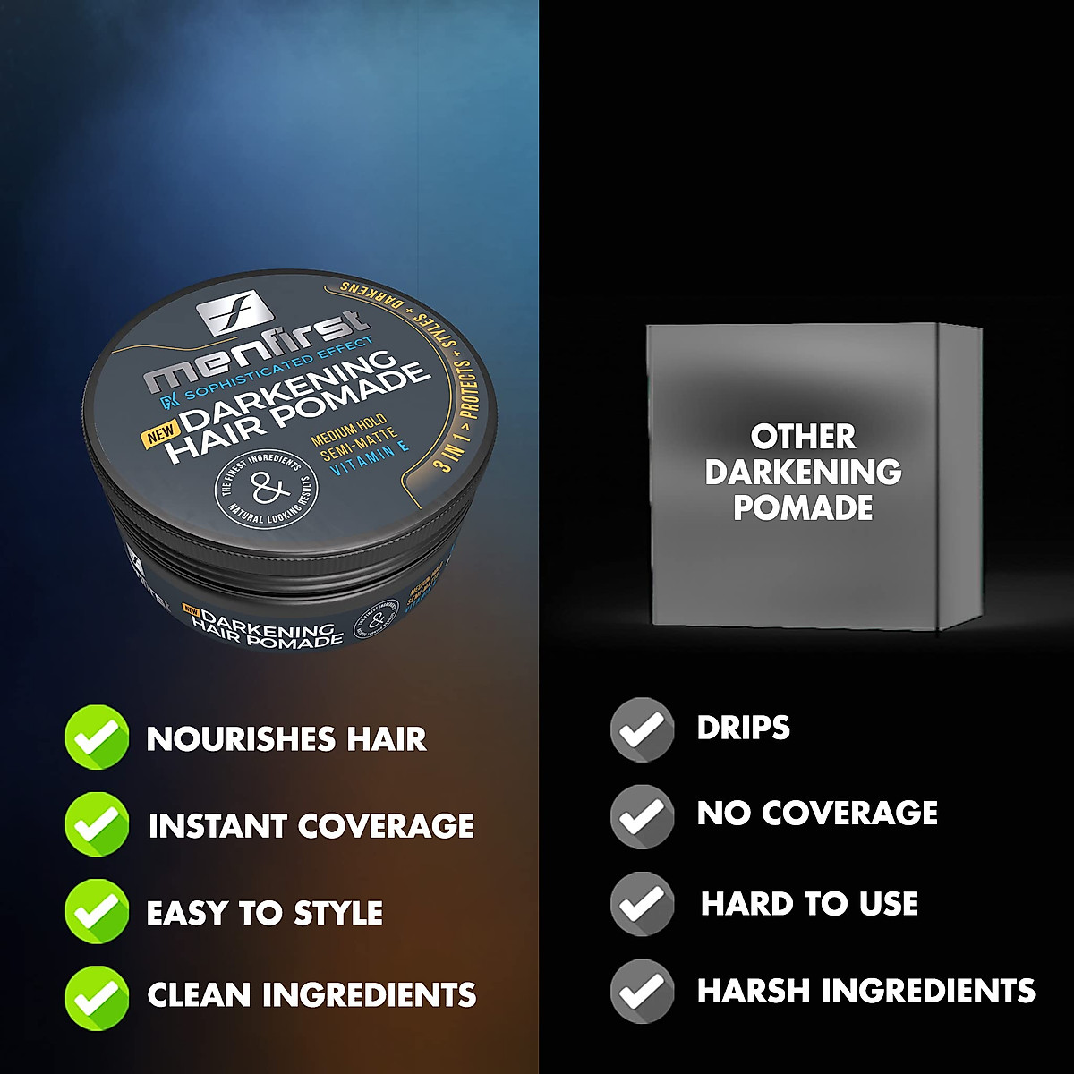 MENFIRST - Hair and Beard Pomade for Men - Instant Gray Coverage for Medium Brown to Black Styling Paste - Darkens White Hair Like a Wax - 1 Pack