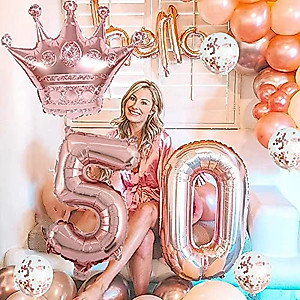KUNGOON 50th Birthday Balloon,Rose Gold Number 50 Mylar Balloon,Funny 50th Birthday/Wedding Anniversary Crown Aluminum Foil Balloon Decoration for Women/Men.
