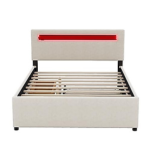 GJHOME Queen Size Upholstered Platform Bed with 2 Storage Drawers and Twin Trundle, LED Lights and USB Charging, Linen Queen Bed Frame with Headboard and Wood Slat Support,Beige