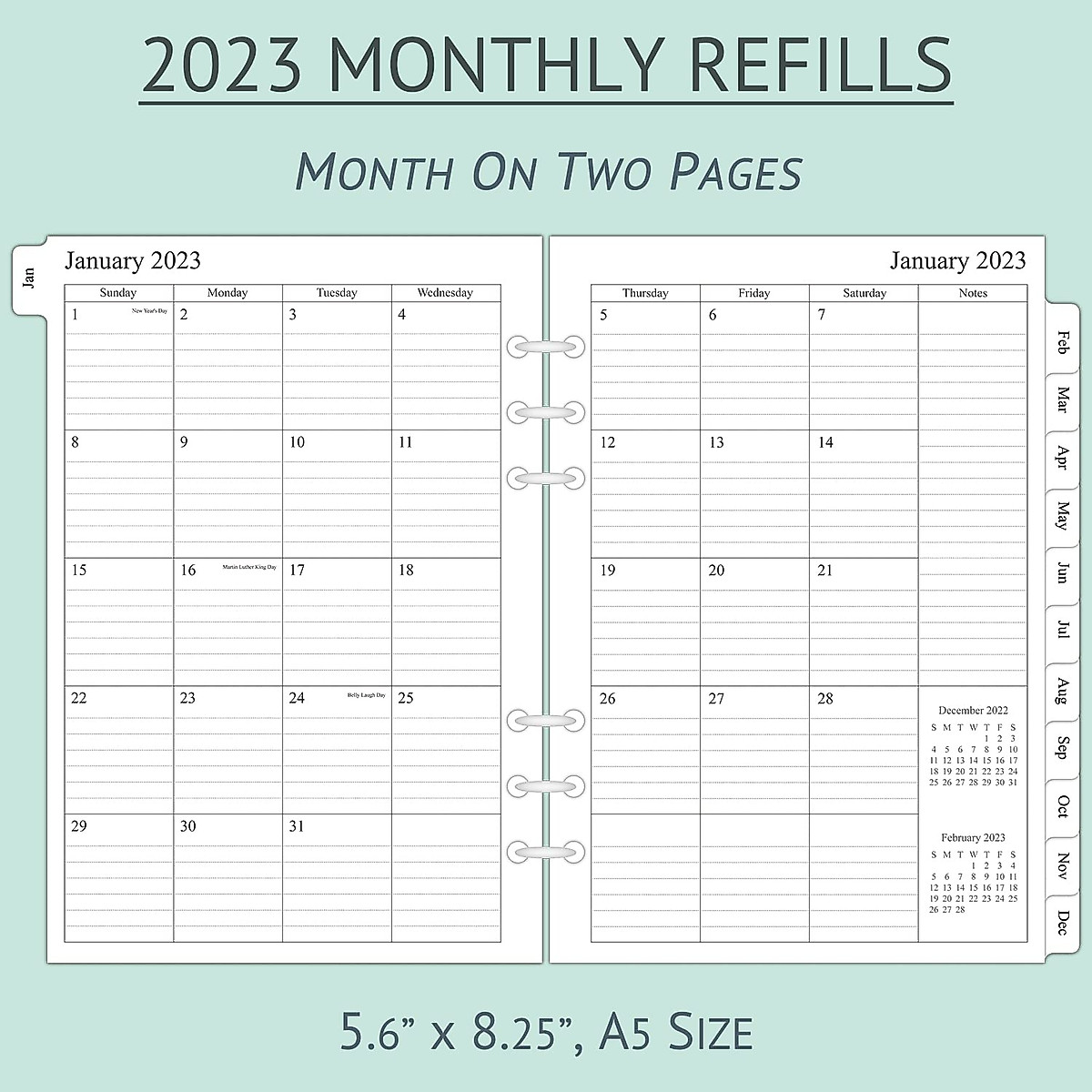2023 Monthly Planner Refill for A5 Binder, Two Page Per Month, January 2023 - December 2023, 5.6"x8.3", 6-Hole Punched