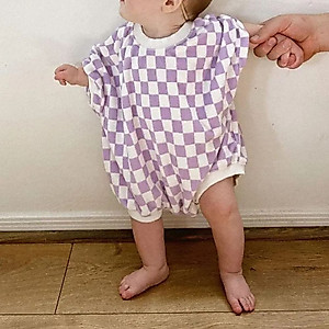 Kayotuas Baby Neutral Clothes Checkerboard Crewneck Sweatshirt Romper Oversized Long Sleeve Plaid Bubble Bodysuit (Purple,6-12 Months)