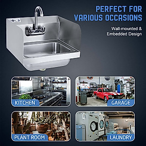 Profeeshaw Stainless Steel Sink Commercial Wall Mount Hand Washing Basin NSF Certified, with Gooseneck Faucet and Side Splash Guard, for Restaurants, Stores, Bars and Home, 17" x 15" …